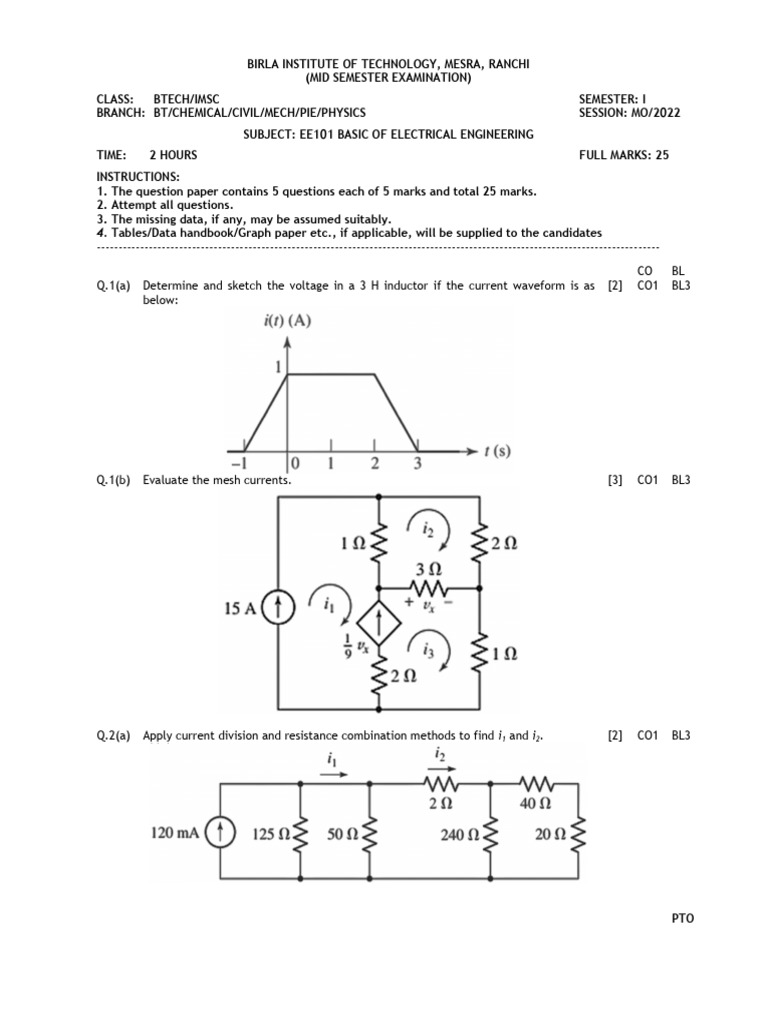 Ee101 Basic of Electrical Engineering (Mid_mo22) | PDF | Inductor ...