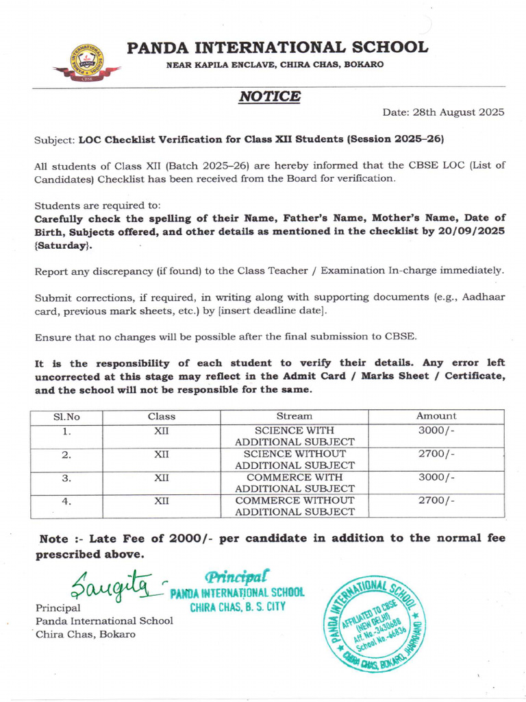 Class Xii Loc Notice 2025 | PDF