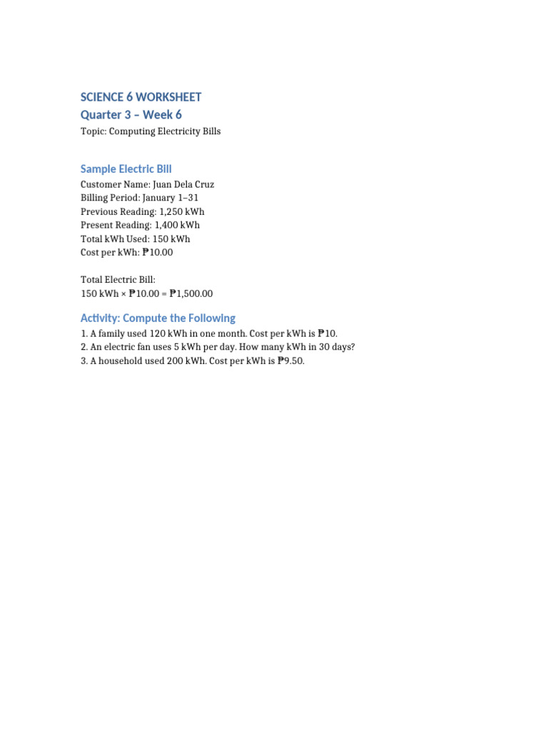 Computing Electricity Bills Worksheet | PDF