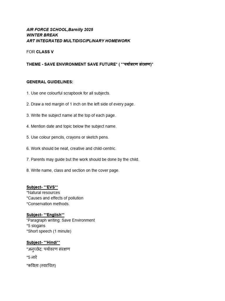 Class V Winter Homework: Save Environment | PDF