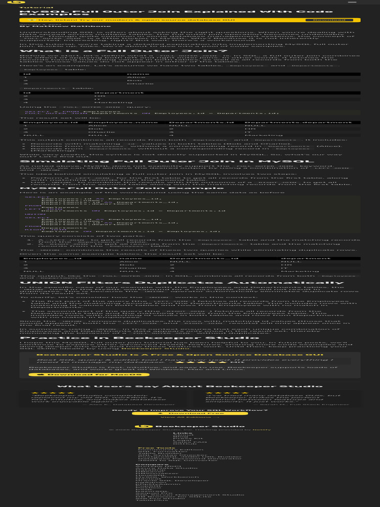 MySQL Full Outer Join Explained With Code Examples Beekeeper Studio | PDF | Software | Software ...