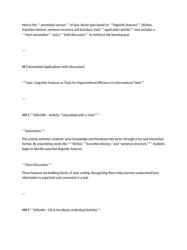 Annotated Lesson Plan on Linguistic Features | PDF | Annotation ...