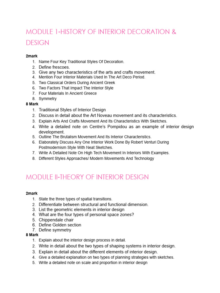 Inerior Imp Questions | PDF | Interior Design | Architectural Design