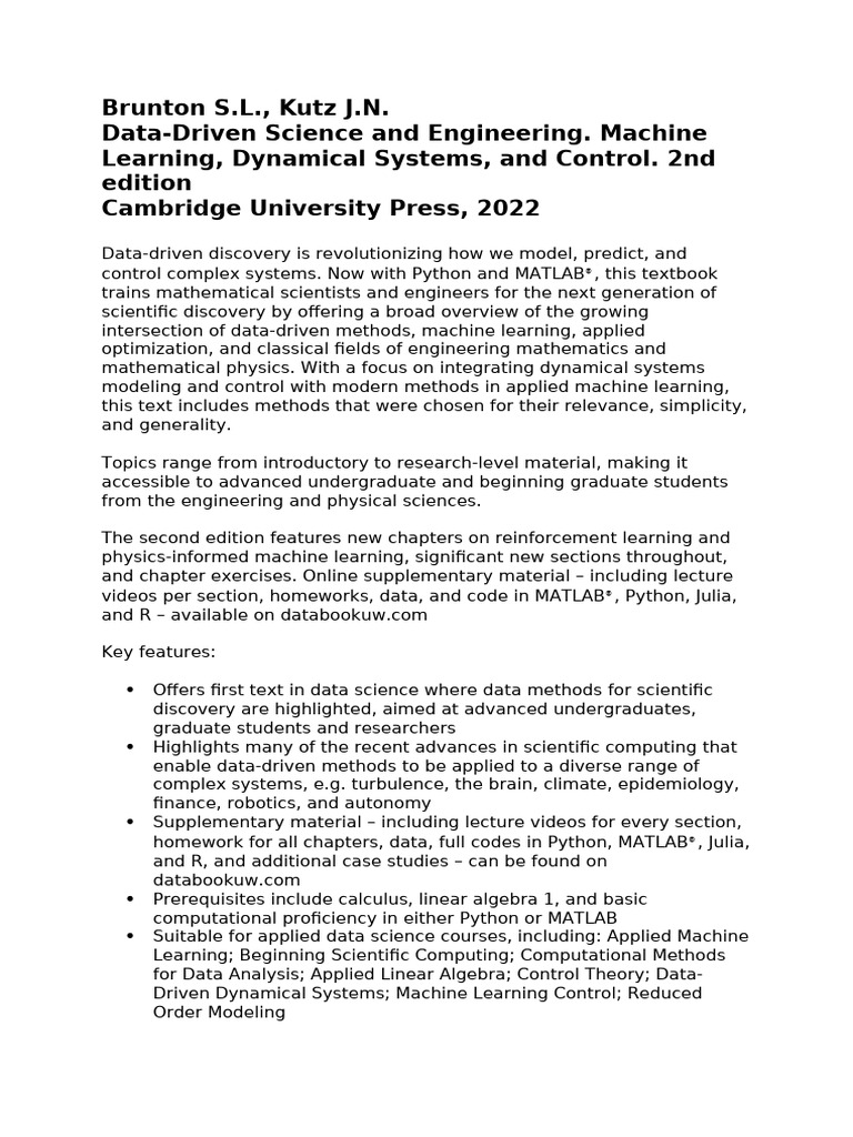 04-Data-Driven Science and Engineering. Machine Learning, Dynamical Systems, And Control | PDF