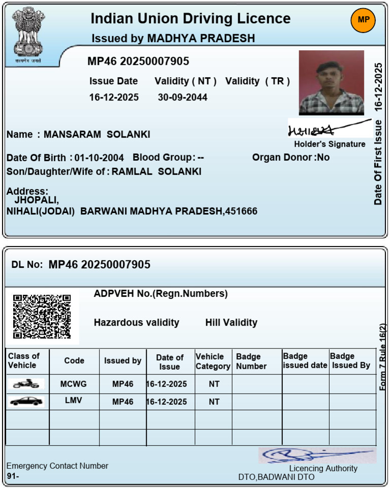 Indian Driving Licence Details MP | PDF