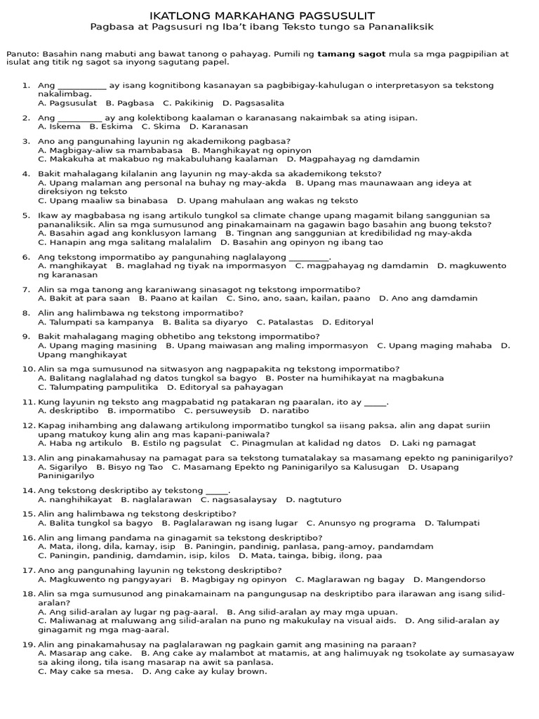 Ikatlong Markahang Pagsusulit Pagbasa | PDF