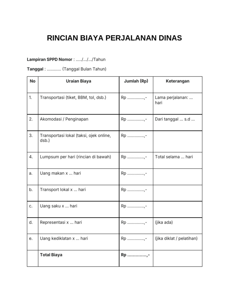 Rincian Biaya Perjalanan Dinas SPPD | PDF