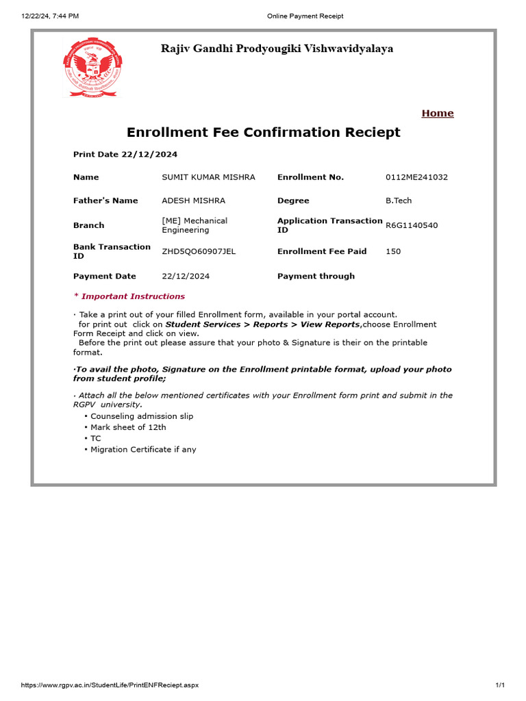 Payment Receipt Enrollment SUMIT | PDF