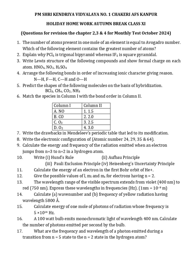Class XI Autumn Break Homework: Chemistry | PDF | Wavelength | Chemical ...
