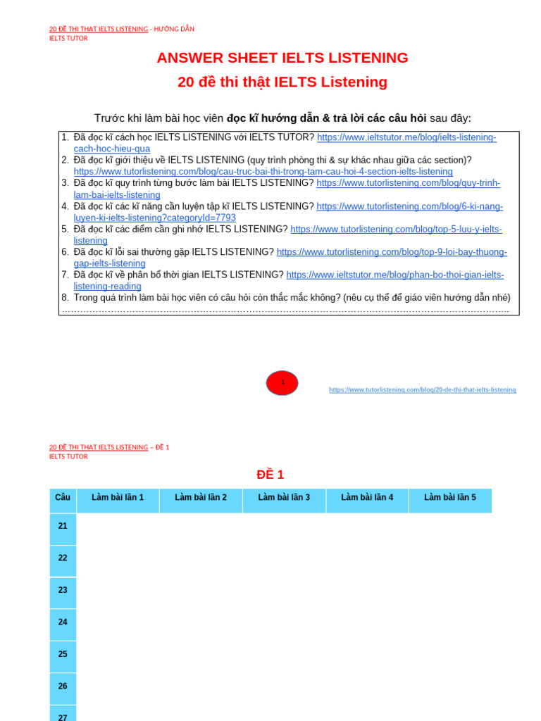 Answer Sheet Ielts Listening - 20 Đề Thi Thật Ielts Listening | PDF