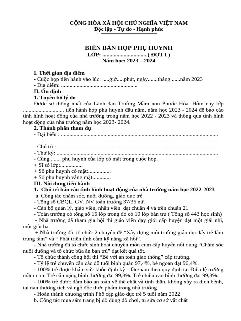 BIÊN BẢN HỌP PHỤ HUYNH BÁN TRÚ (1) | PDF