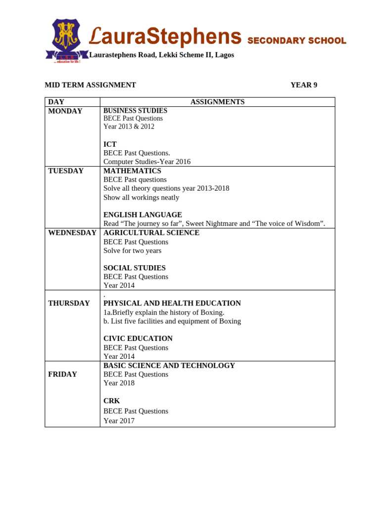 Year 9 Midterm Assignments | PDF