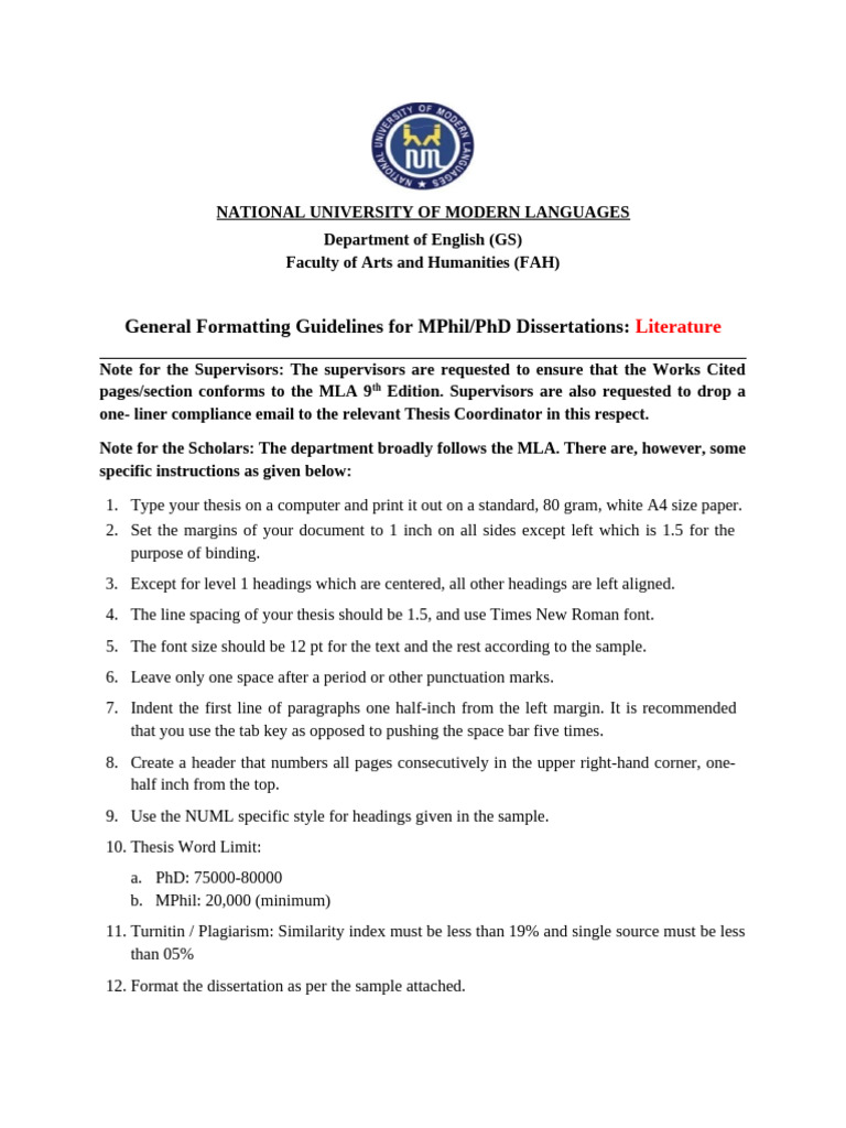 Formating Guidelines-MPhil-PhD (Literature) 12-12-24 | PDF | Thesis | Text