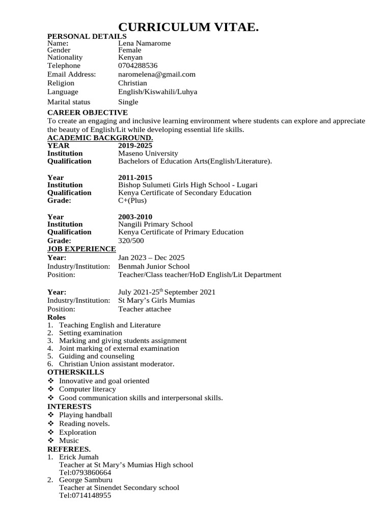 Lena Namarome CV: Educator Profile | PDF