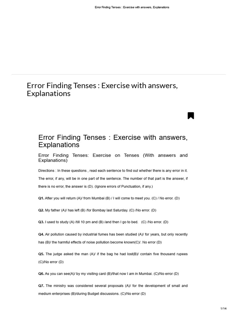 Error Finding Tenses Exercise Guide | PDF | Language Mechanics | Semantics