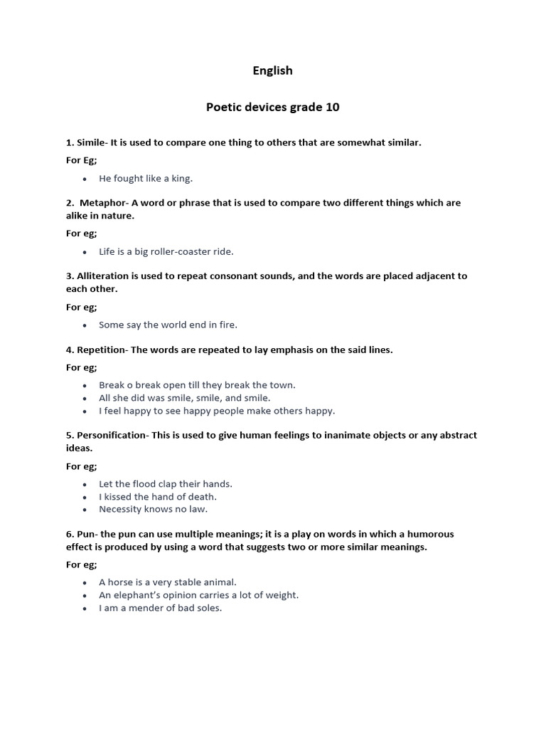 Poetic Devices for Grade 10 Students | PDF | Poetry | Rhyme