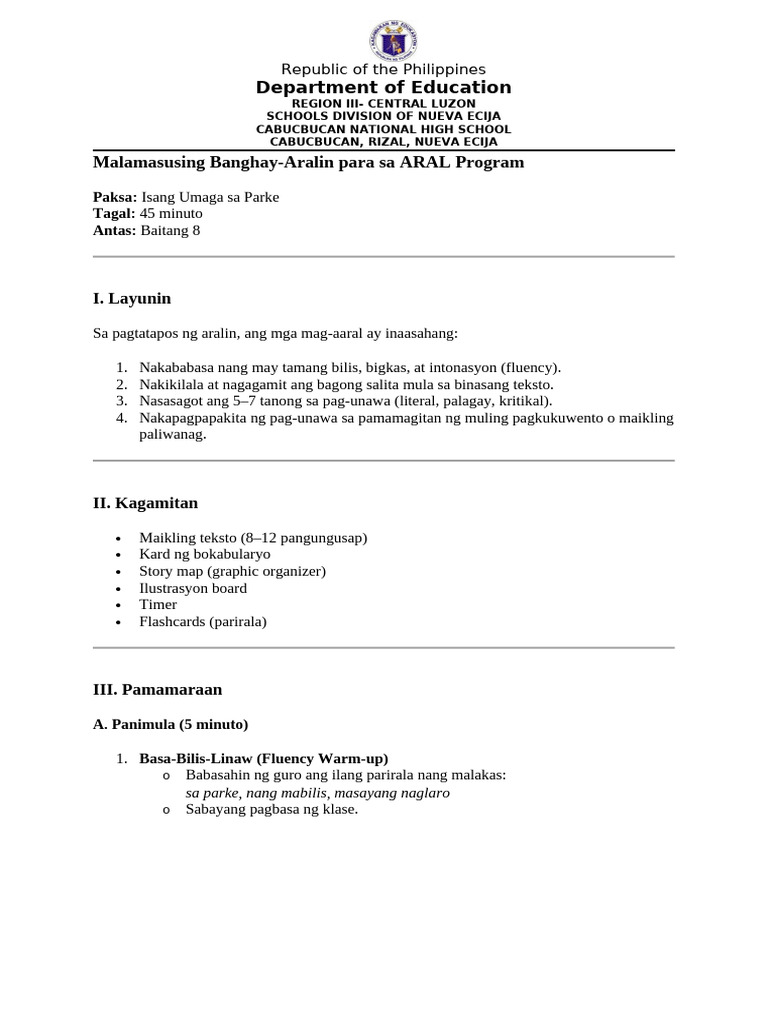 SEMI DATAILED LESSON PLAN IN ARAL PROGRAM | PDF