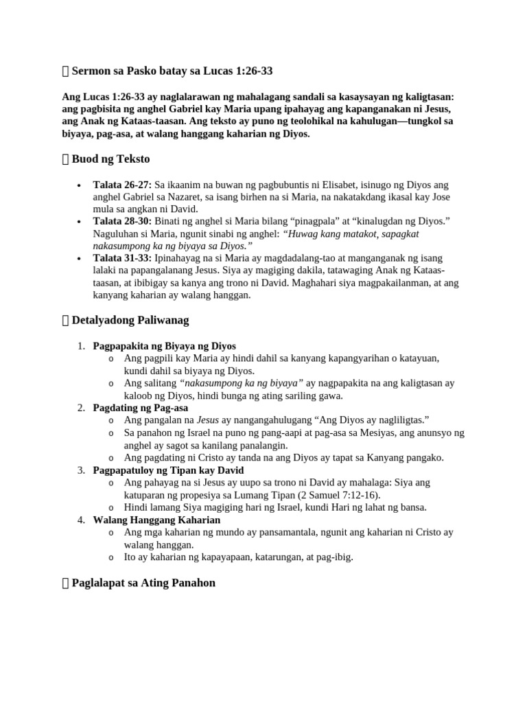 ? Sermon sa Pasko batay sa Lucas 1 | PDF