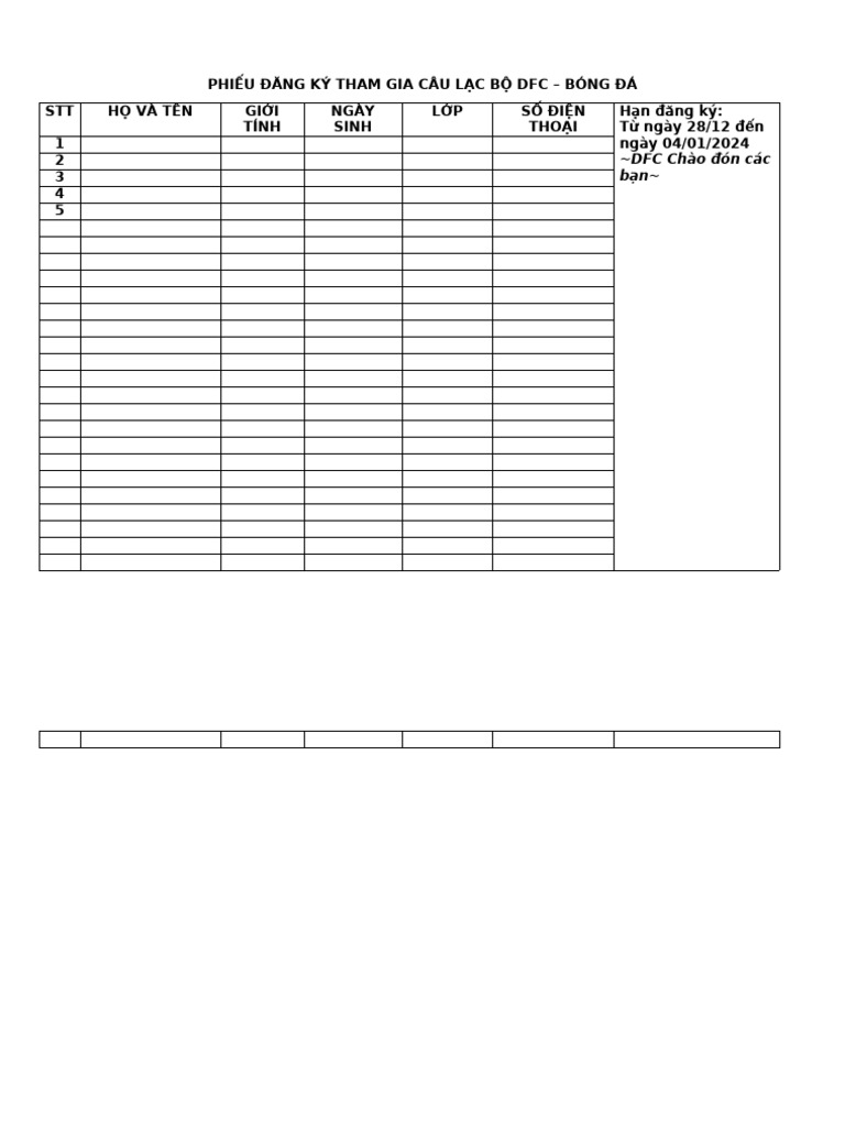 Phiếu Đăng Ký Tham Gia Câu Lạc Bộ Dfc | PDF