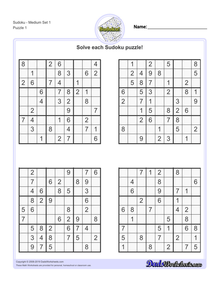 Math Worksheets_ Sudoku_ Sudoku_ Sudoku - Medium Set 1 | PDF | Logic ...