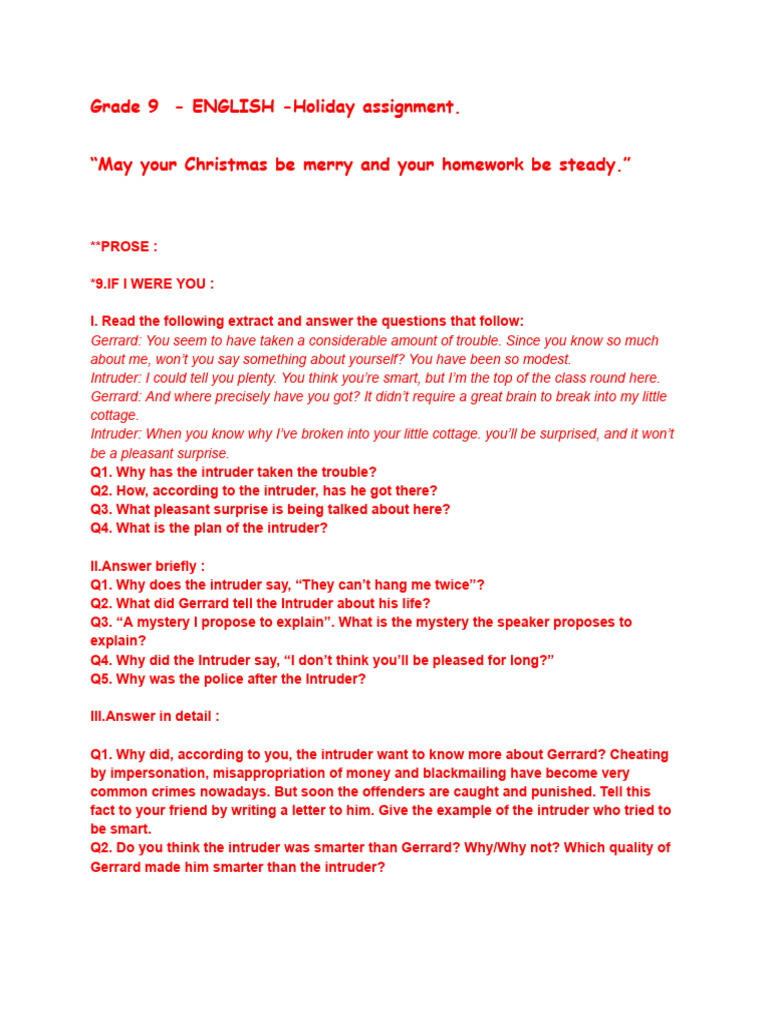 Grade 9 English Holiday Assignment | PDF