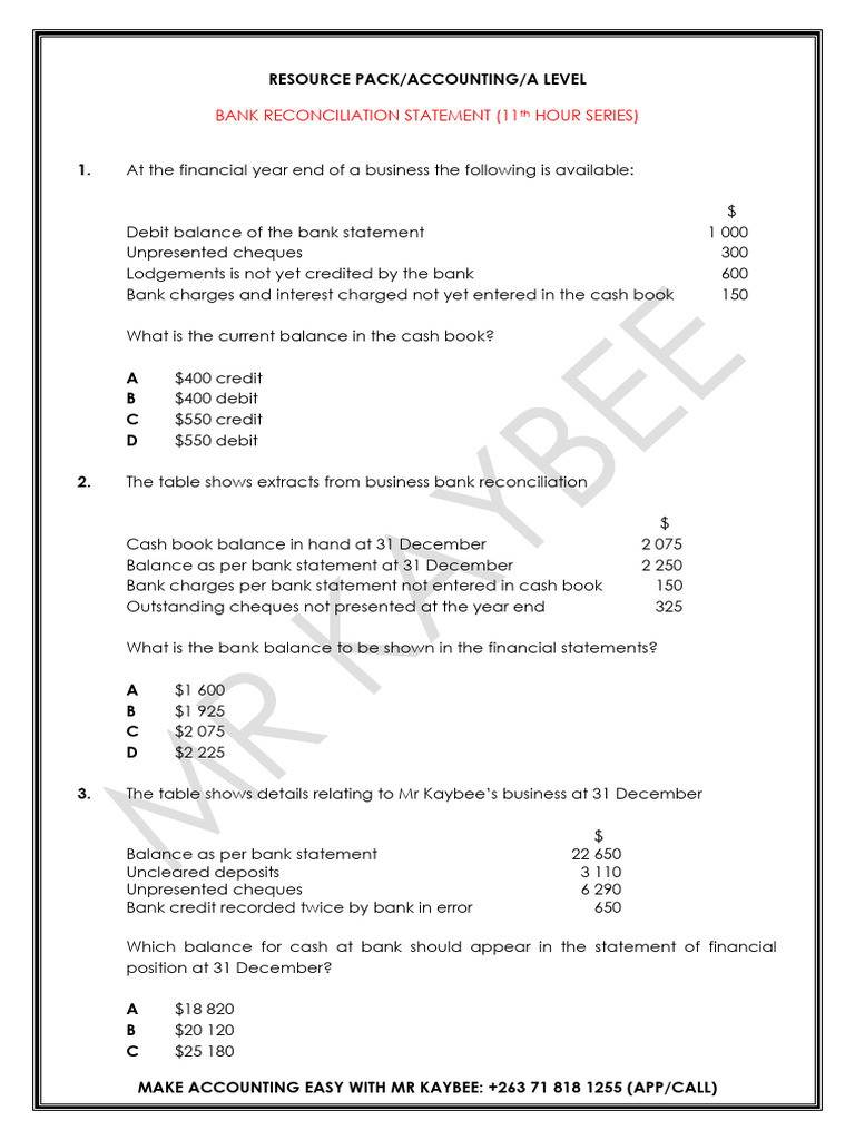 A Level Bank Reconciliation Practice Questions | PDF | Debits And ...