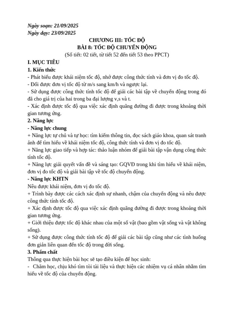 KHTN 7 Bài Tốc Độ Chuyển Động Tiết 52,53 | PDF