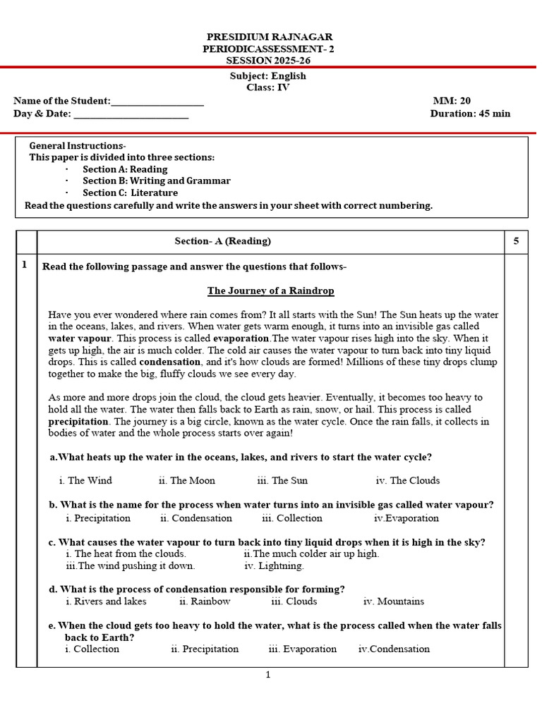 Class IV English Assessment Paper | PDF | Rain | Water