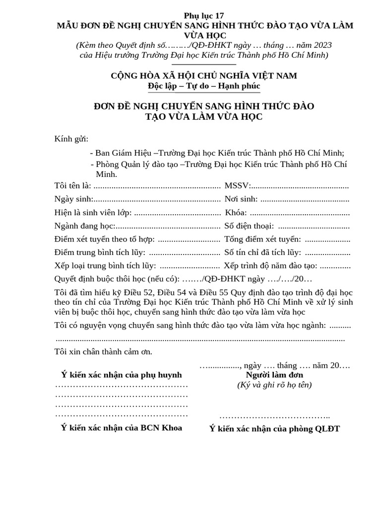 17.PHỤ LỤC 17-MẪU ĐƠN ĐỀ NGHỊ CHUYỂN SANG HÌNH THỨC ĐÀO TẠO VỪA LÀM VỪA ...