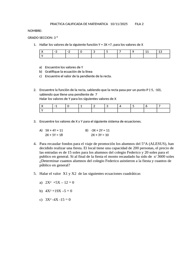 Pc. Ecuaciones Lineas y de Segundo Grado b | PDF