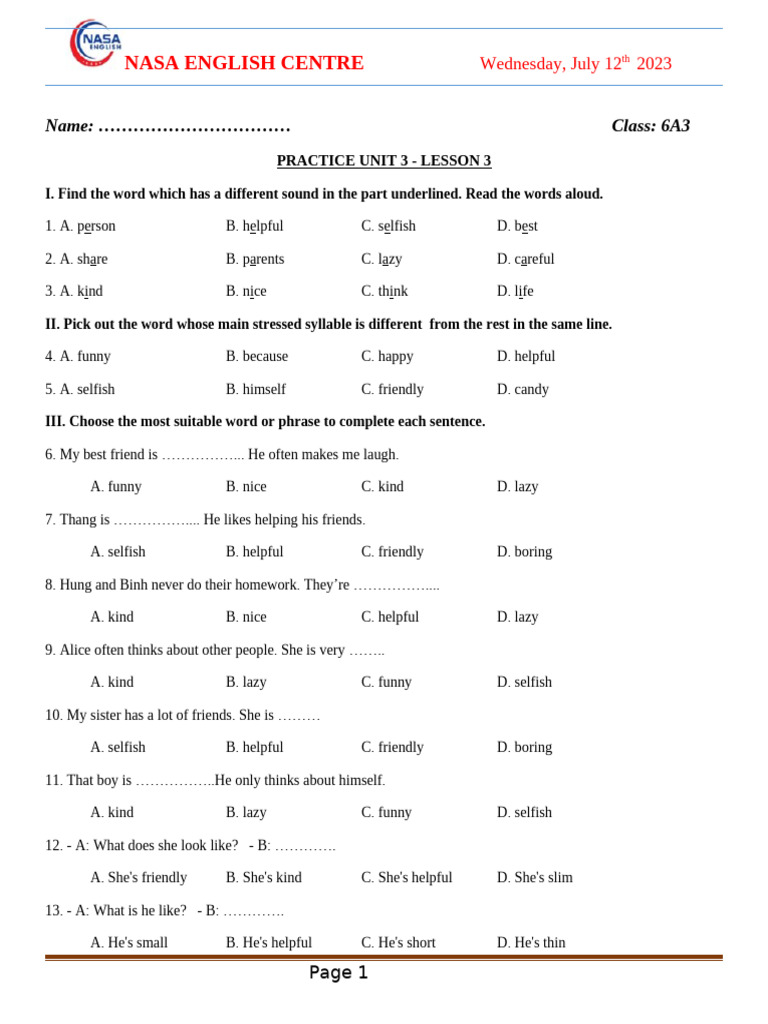6a3 Homework - Starters Unit 2 Gateway + Unit 3 Lesson 3 Sgk | PDF | Linguistics