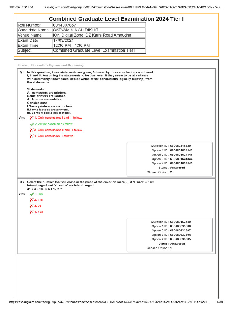 Cgl Answer Key 2024 | PDF