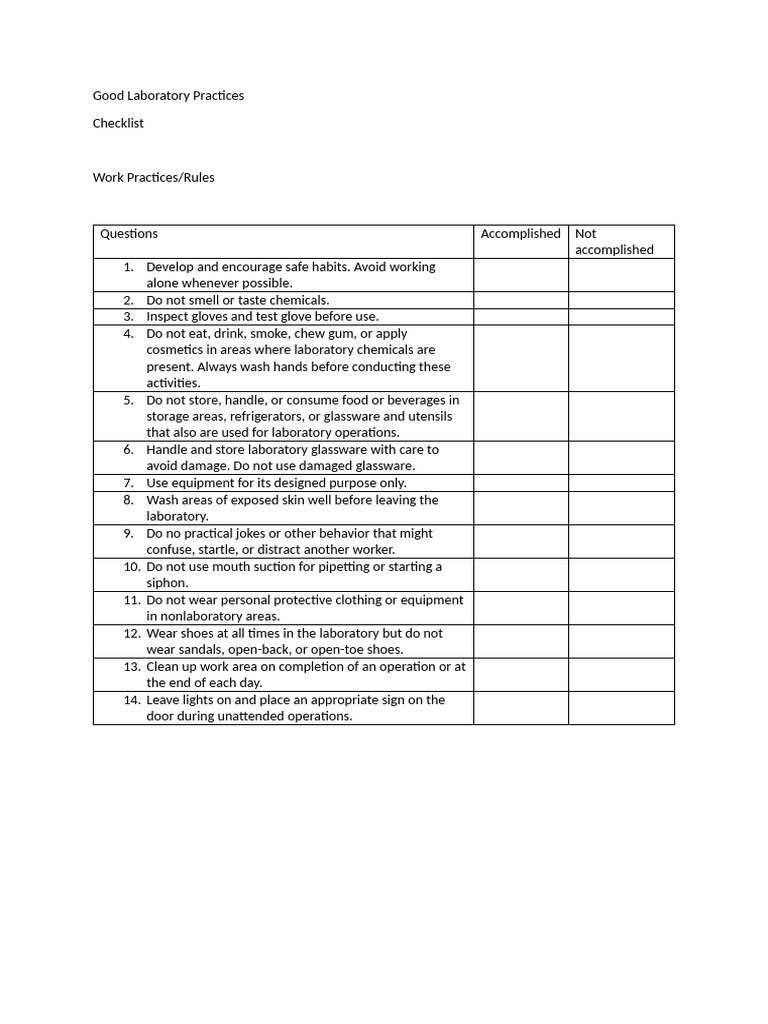 Essential Good Laboratory Practices Checklist | PDF