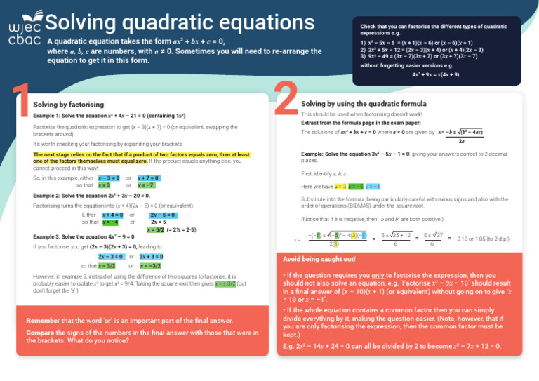 Ko19 20-1-19 i Solving Quadratic Equations Wjec | PDF | Quadratic ...