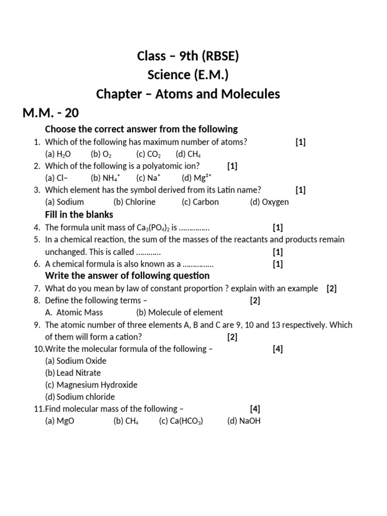 Class 9th Chapter 3 Atoms and Molecules (English) | PDF