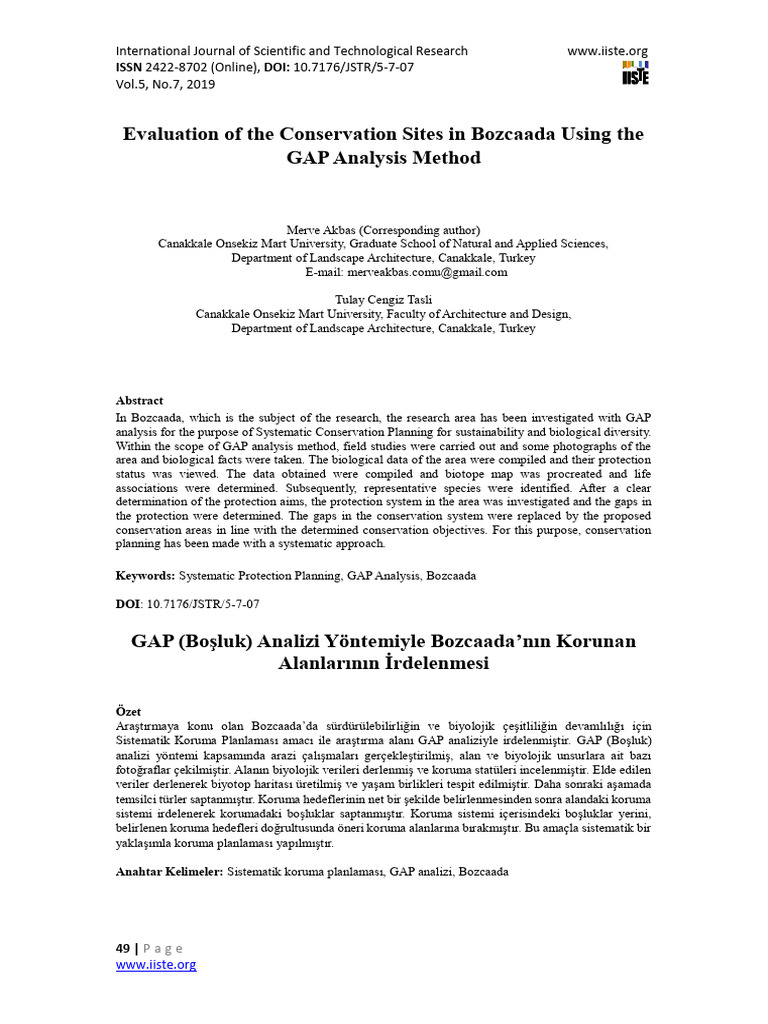 Evaluation of The Conservation Sites in Bozcaada Using The GAP Analysis ...