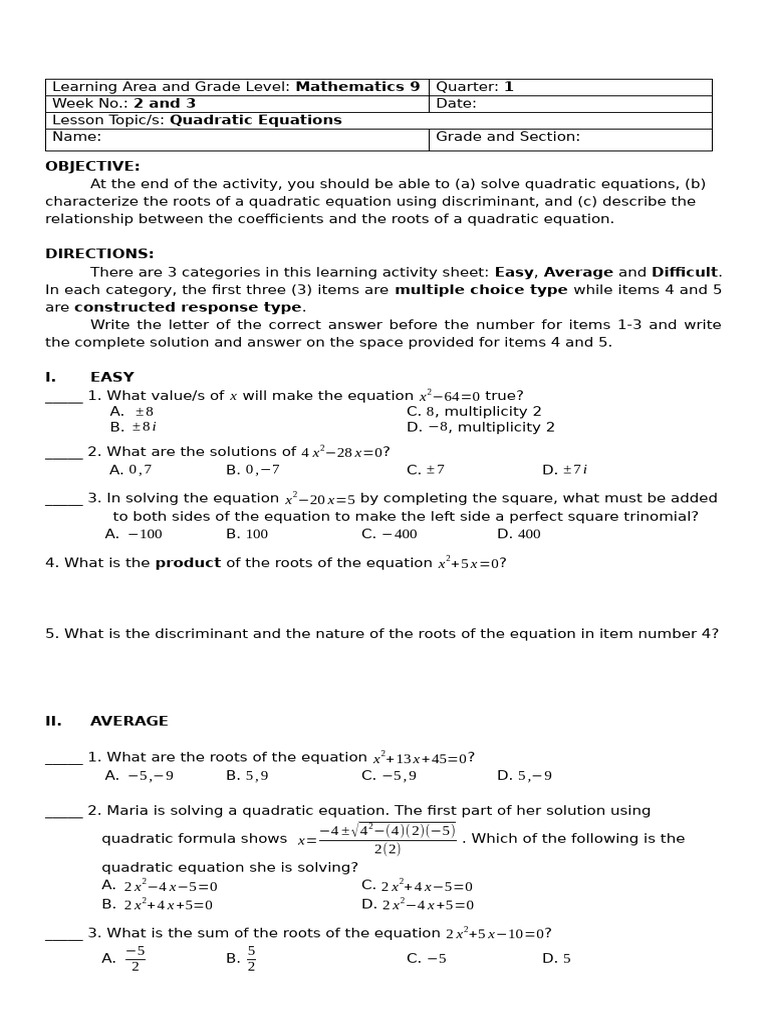 Math 9 Week 2 and 3 | PDF | Quadratic Equation | Equations
