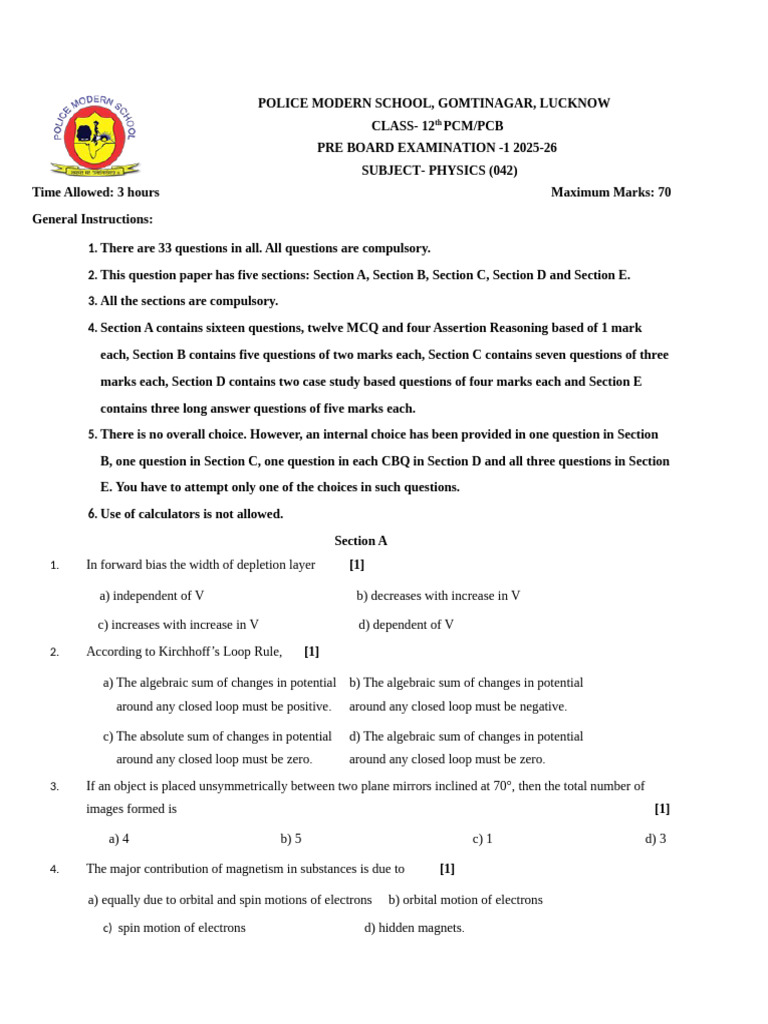 Class 12 Physics Pre-Board Exam 2025-26 | PDF | Inductance ...
