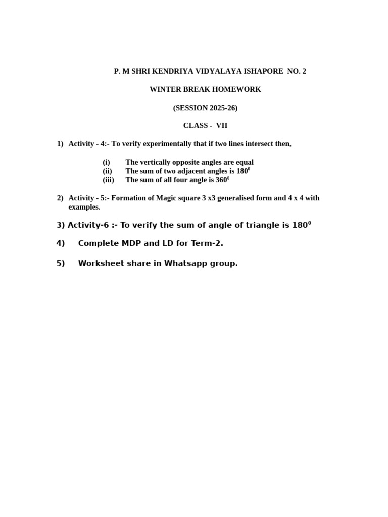 Class Vii ( Winter Break Homework) ,(Maths)(2025-26) | PDF
