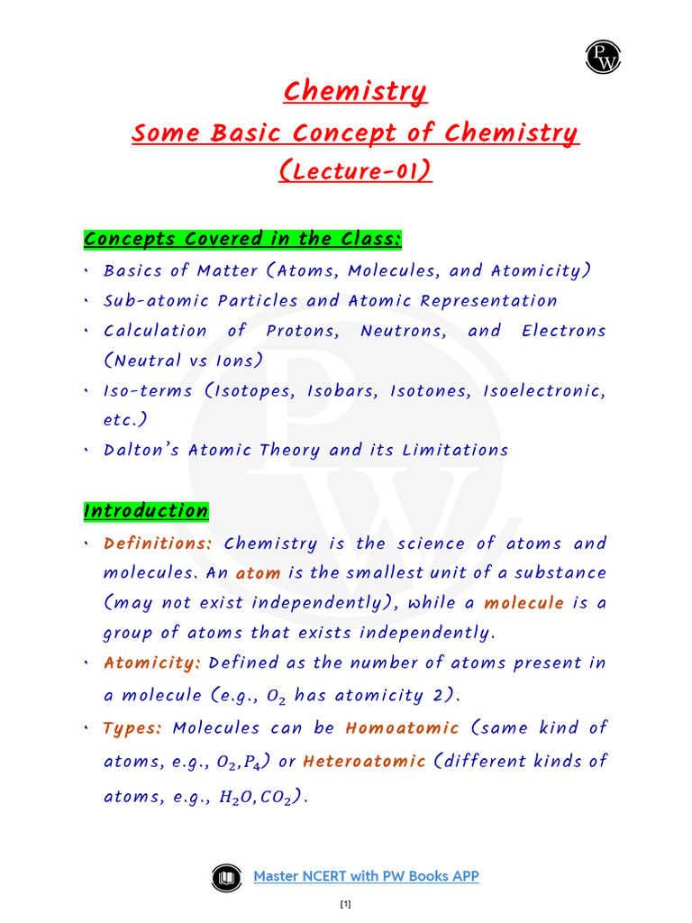 Some Basic Concept of Chemistry 01 Summary Notes | PDF | Isotope | Atoms