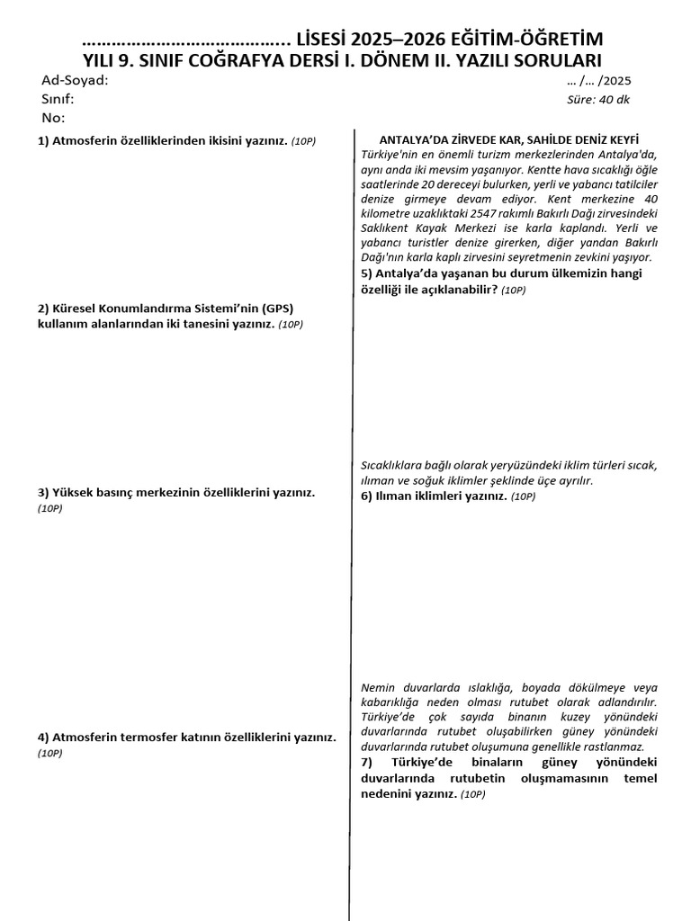 Cografya 9 Sinif 1 Donem 2 Yazili 2025 2026 | PDF