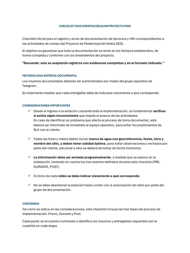 Checklist Doc Hw Ofg | PDF | Telecomunicaciones | Ingenieria Eléctrica
