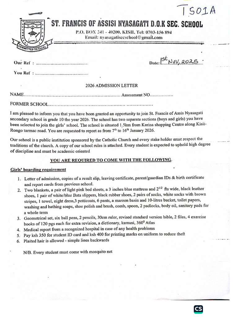 Girls Admission Letter | PDF