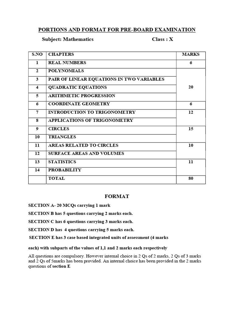 Class X Mathematics Pre-Board Format | PDF