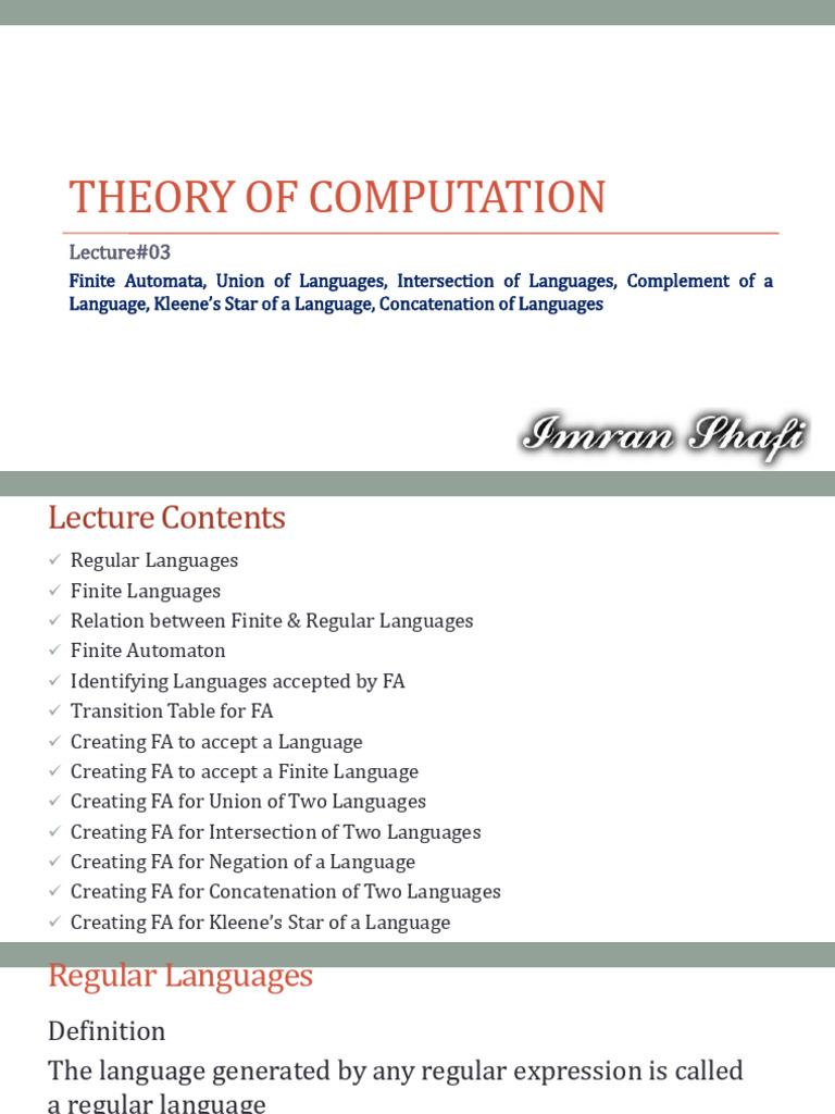Lecture#04, FA, Union, Complement, Intersection, Complement, Kleene ...