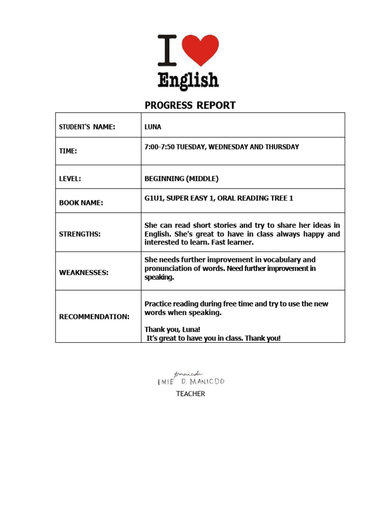 Luna's Progress Report: Reading Skills | PDF