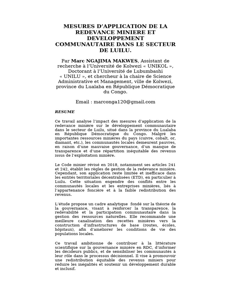 Redevance minière et développement à Luilu | PDF