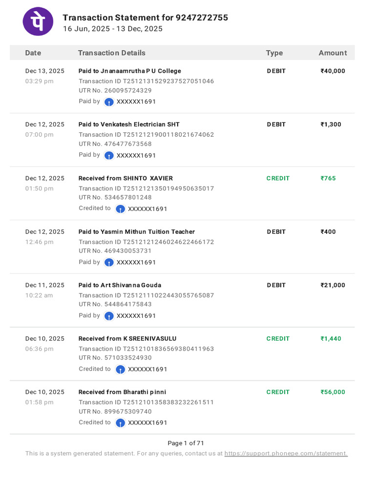 PhonePe Statement Jun2025 Dec2025 | PDF | Debits And Credits | Retail ...