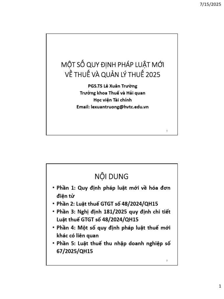 New Tax Regulations. 7-2025. Le Xuan Truong | PDF
