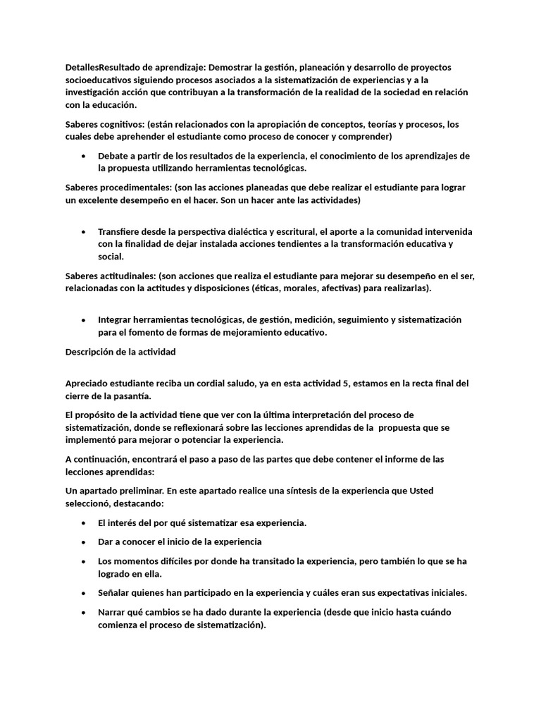 Actividad 5 - Interpretación de Lecciones Aprendidas de La Experiencia de Sistematización | PDF ...
